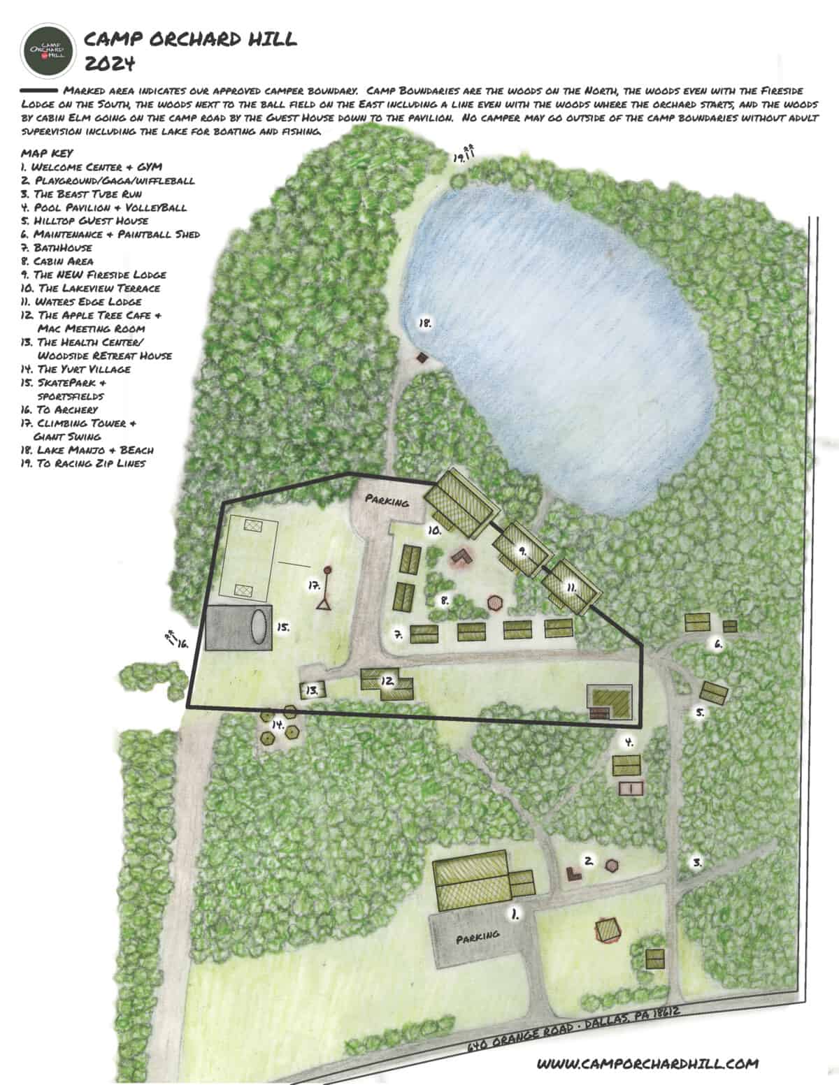 2024 Camp Map With Boundaries - Camp Orchard Hill, Dallas, PA